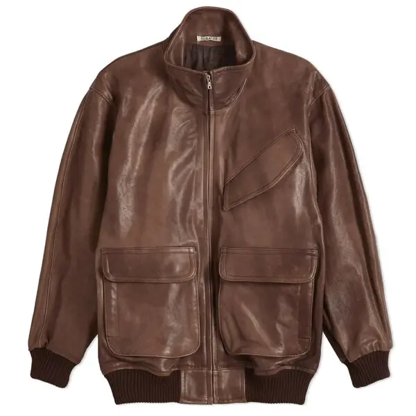 Auralee Heavy Lamb Leather Zip Blouson In Dark Brown - 35% Off